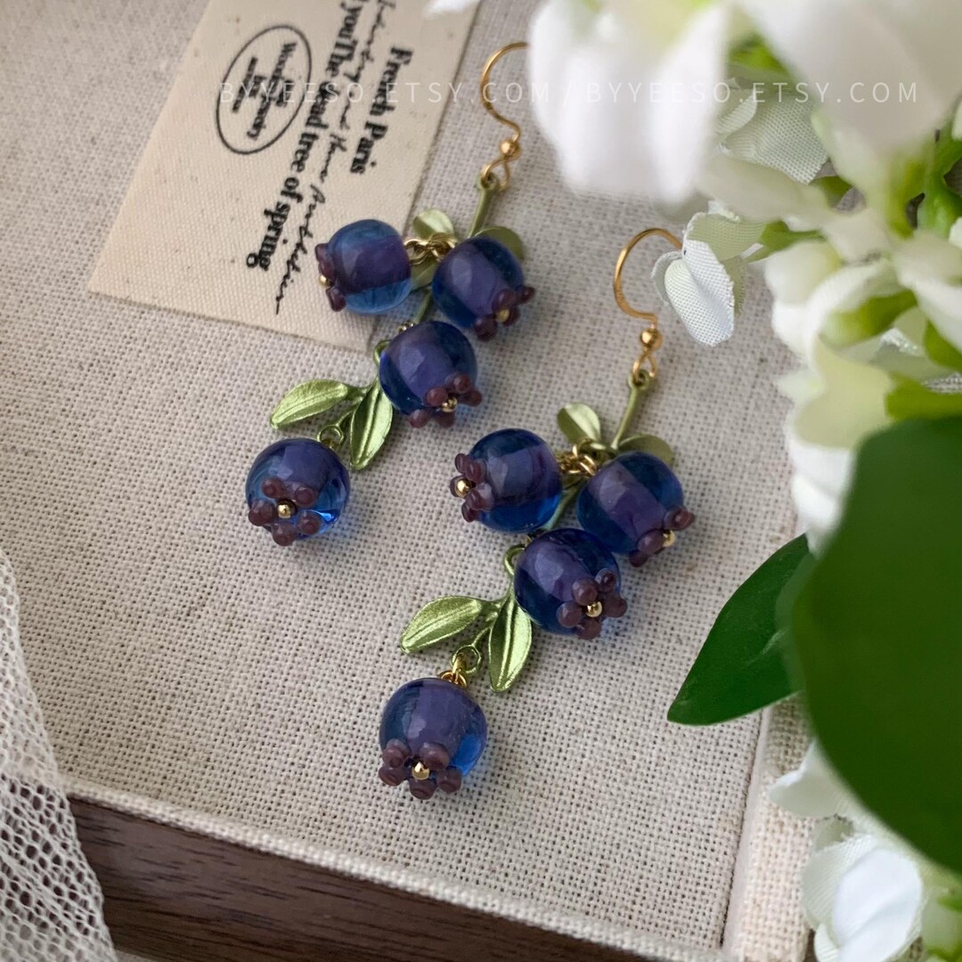 Blueberry Dangle Earrings, Glass Fruit Dangle Earrings, Berry Drop ...
