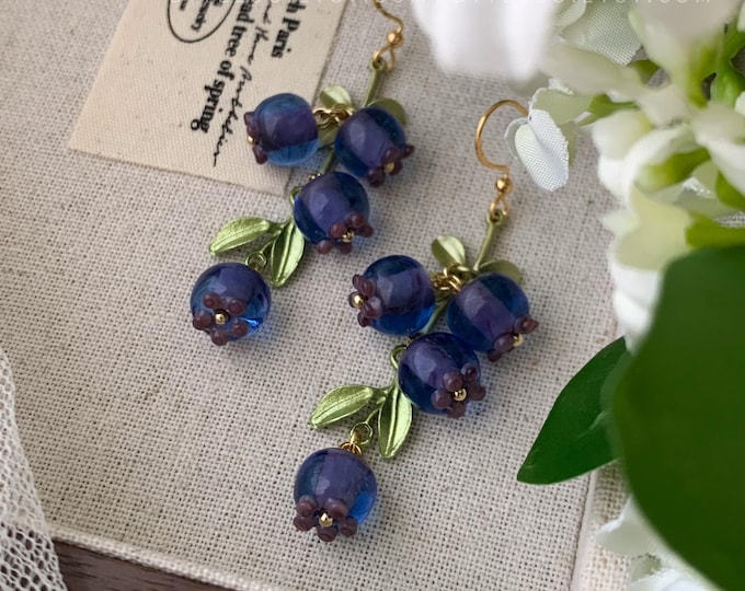 Blueberry Dangle Earrings, Glass Fruit Dangle Earrings, Berry Drop ...