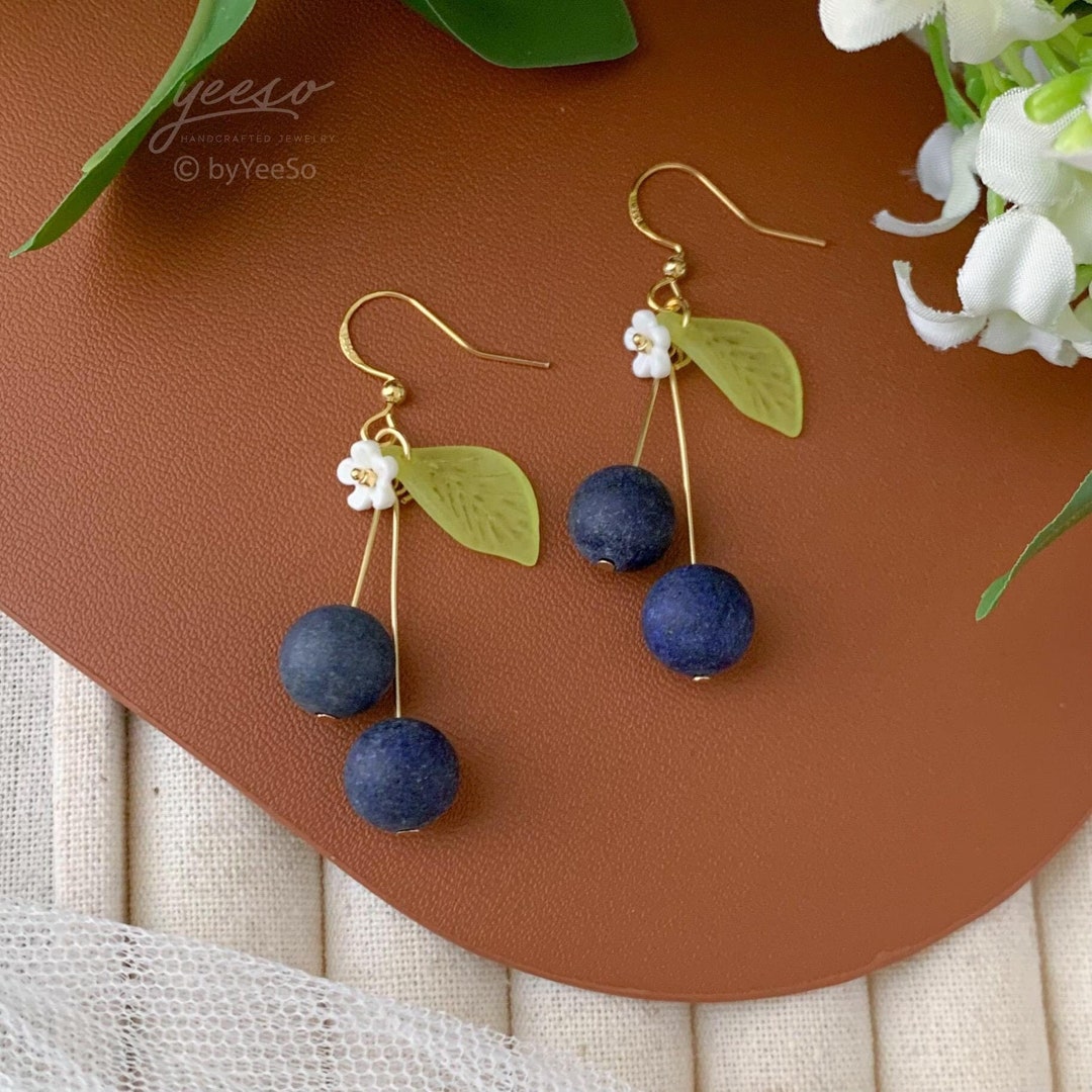 Blueberry Dangle Earrings, Glass Fruit Dangle Earrings, Berry Drop ...