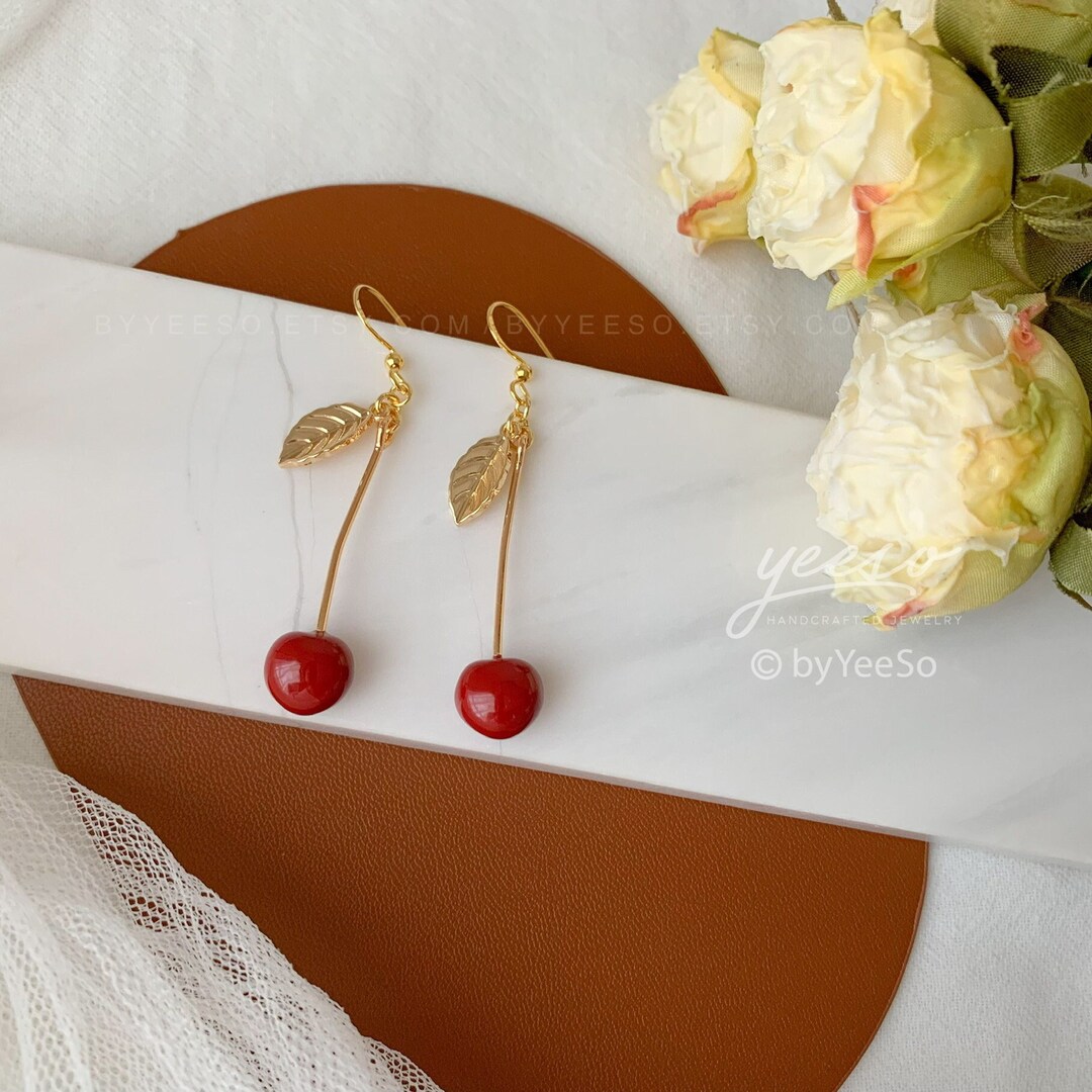 Red Cherry Earrings - Cherry and Leaf Earrings - Cute Fruit Earrings ...