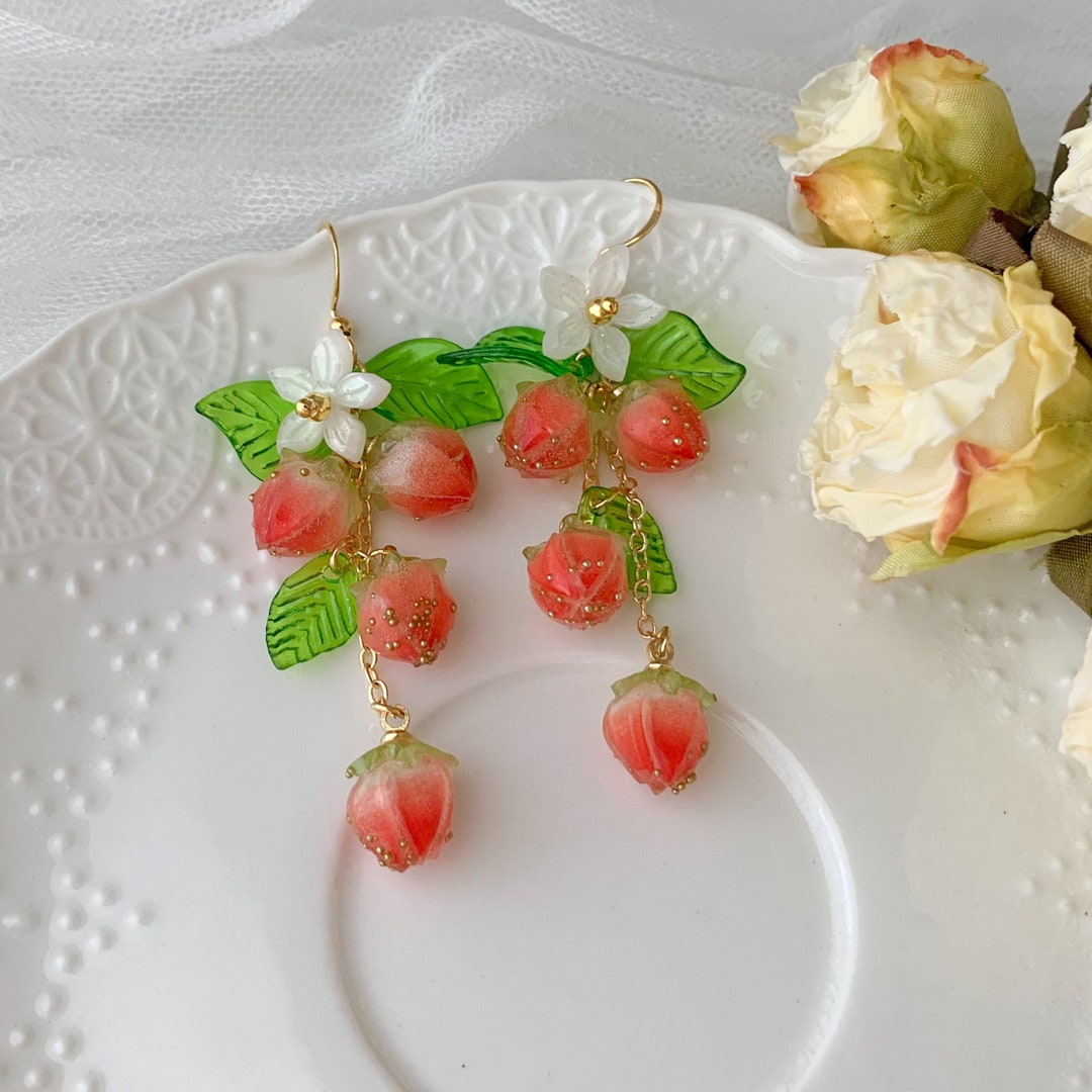 Strawberry Earrings Strawberry Flower Leaf Fruit Earrings - Etsy