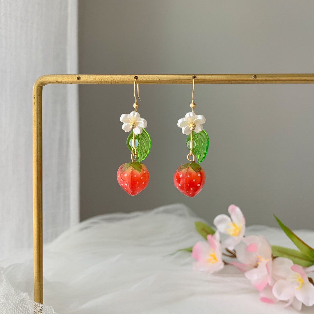 Strawberry Earrings - Strawberry Flower Leaf - Fruit Earrings - Cute ...