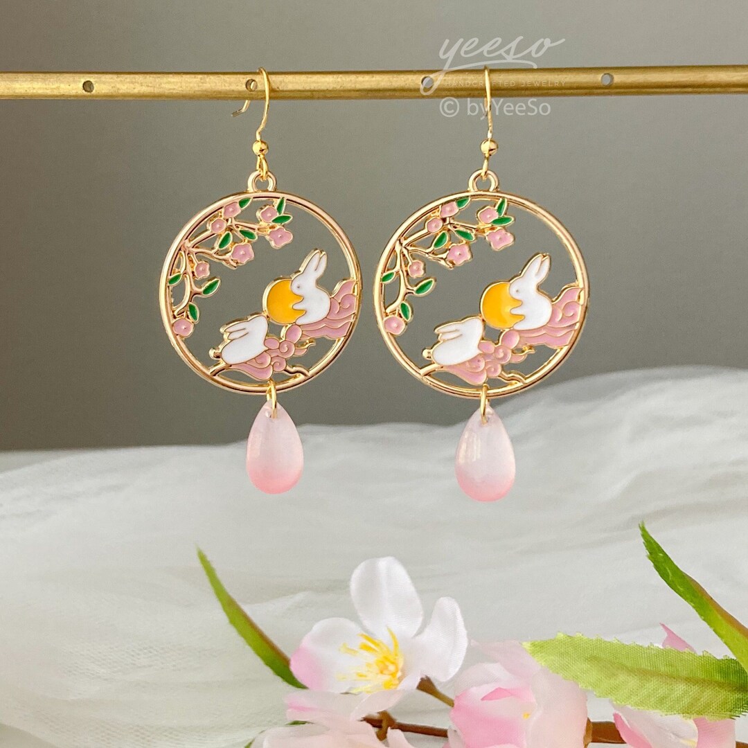 Pink Sakura Cherry Blossom Bunny Moon Earrings - Japanese Sakura Rabbit ...