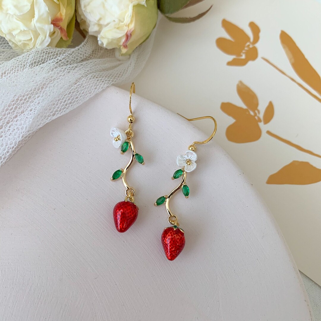 Strawberry Earrings - Strawberry Flower Leaf - Fruit Earrings - Cute ...