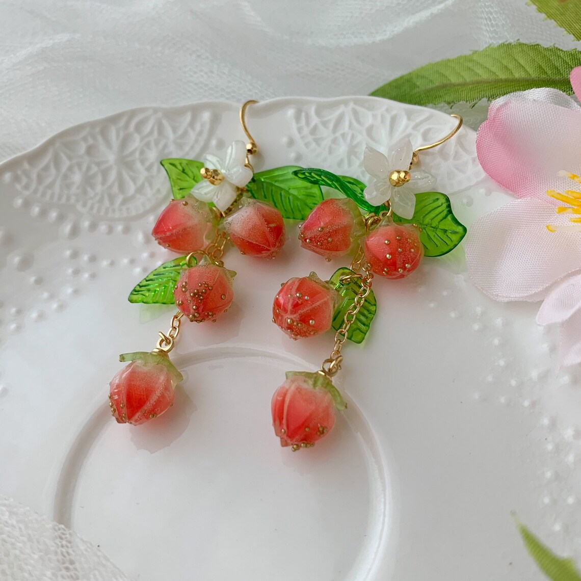 Strawberry Earrings Strawberry Flower Leaf Fruit Earrings - Etsy