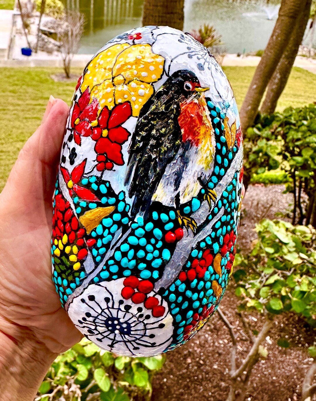 Robin Red Breast Hand Painted Rock, Bird in Tree Painted Stone, Outdoor ...