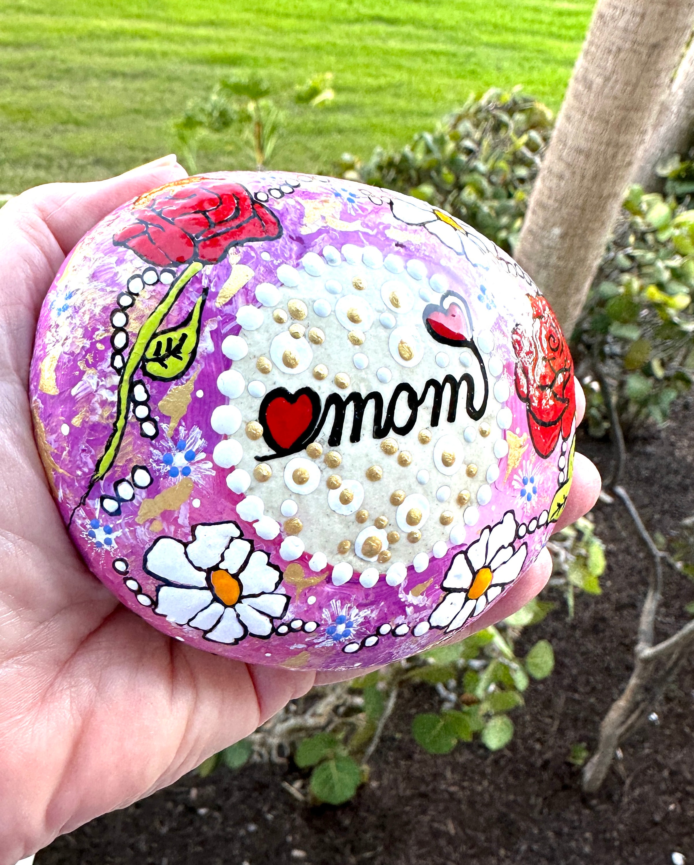 Mom Rock Gift, Keepsake Gift, Hand Painted Rock, Celebrate MOM, Flowers ...