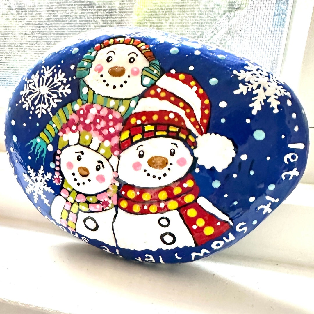 Snowman Pals Rock, Snowman Buddies, Snow Trio, Painted Winter Scene ...