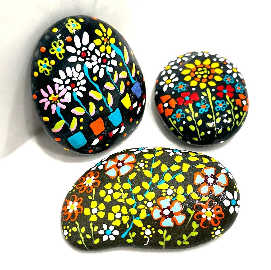 3 Mosaic-style Floral Rocks, Botanical Painted Rocks, Loving Gift - Etsy