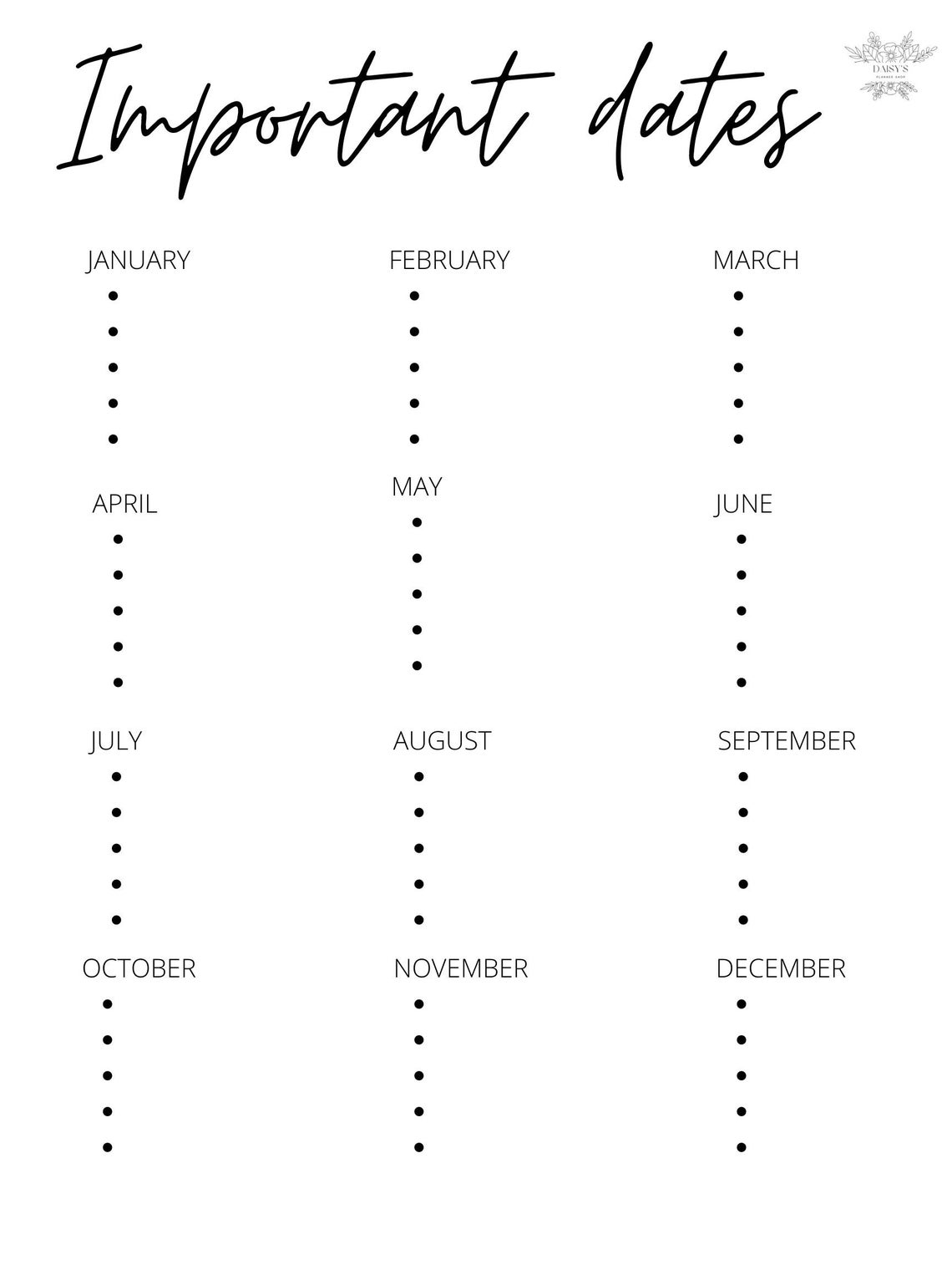 Important Dates Planner, Birthday Tracker, Birthday Calendar, Birthday ...