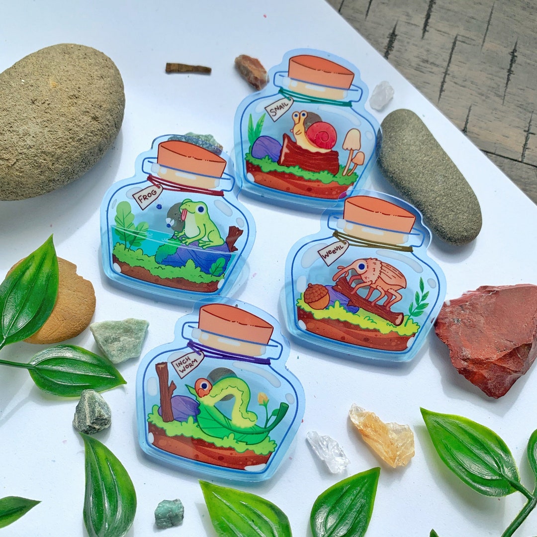 Creature Jar Acrylic Pins Bug Jar 2 in Cute Frog Snail Inch Worm Weevil ...