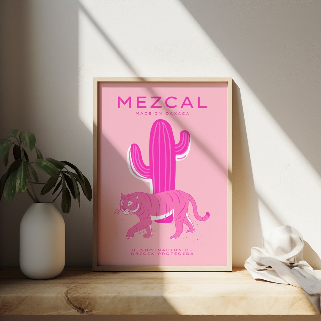 Cute Pink Vintage Oaxaca Mezcal Tequila Bar Cart Wall Art Dopamine ...