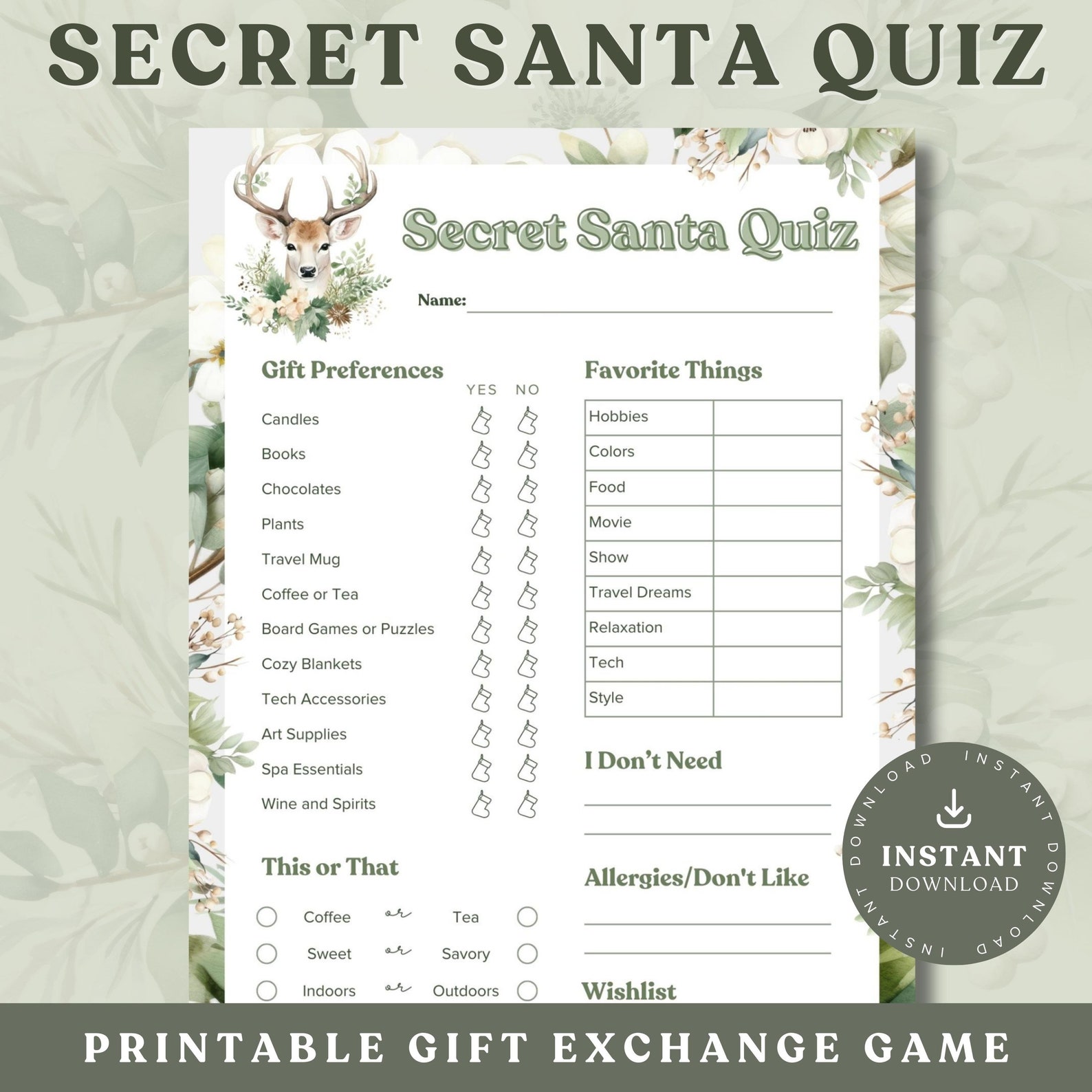 Secret Santa Quiz Printable | Holiday Gift Swap | Secret Santa ...