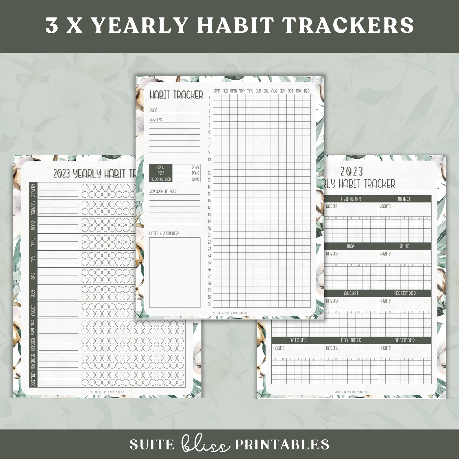 6 Habit Tracker Printables. Yearly Habit Tracker, Monthly Habit Tracker, and Daily Task Tracker ...