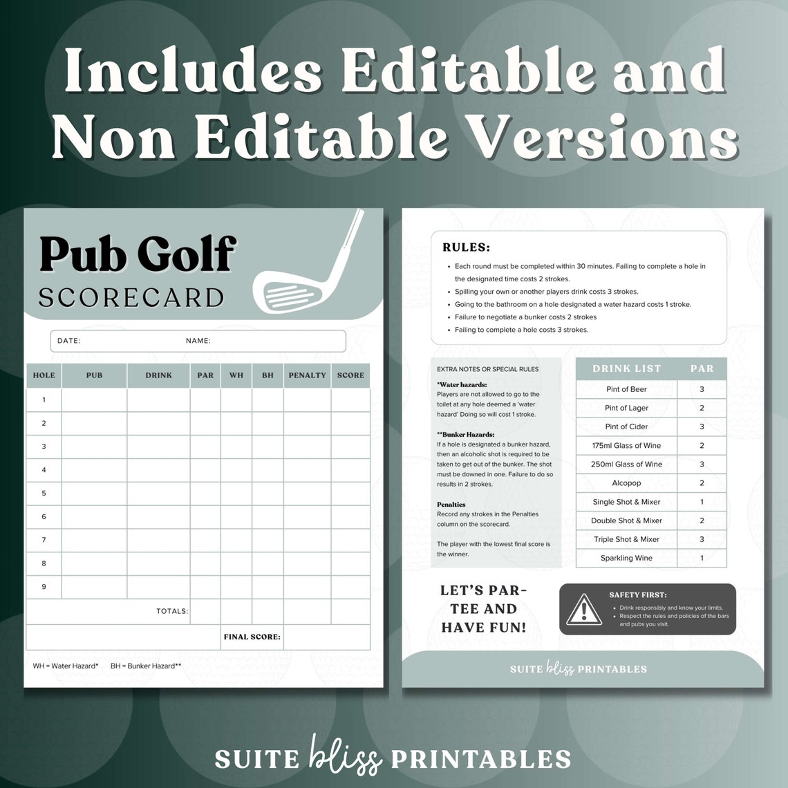 Pub Golf Scorecard | Editable Pub Golf Template | Bar Golf Scorecard ...