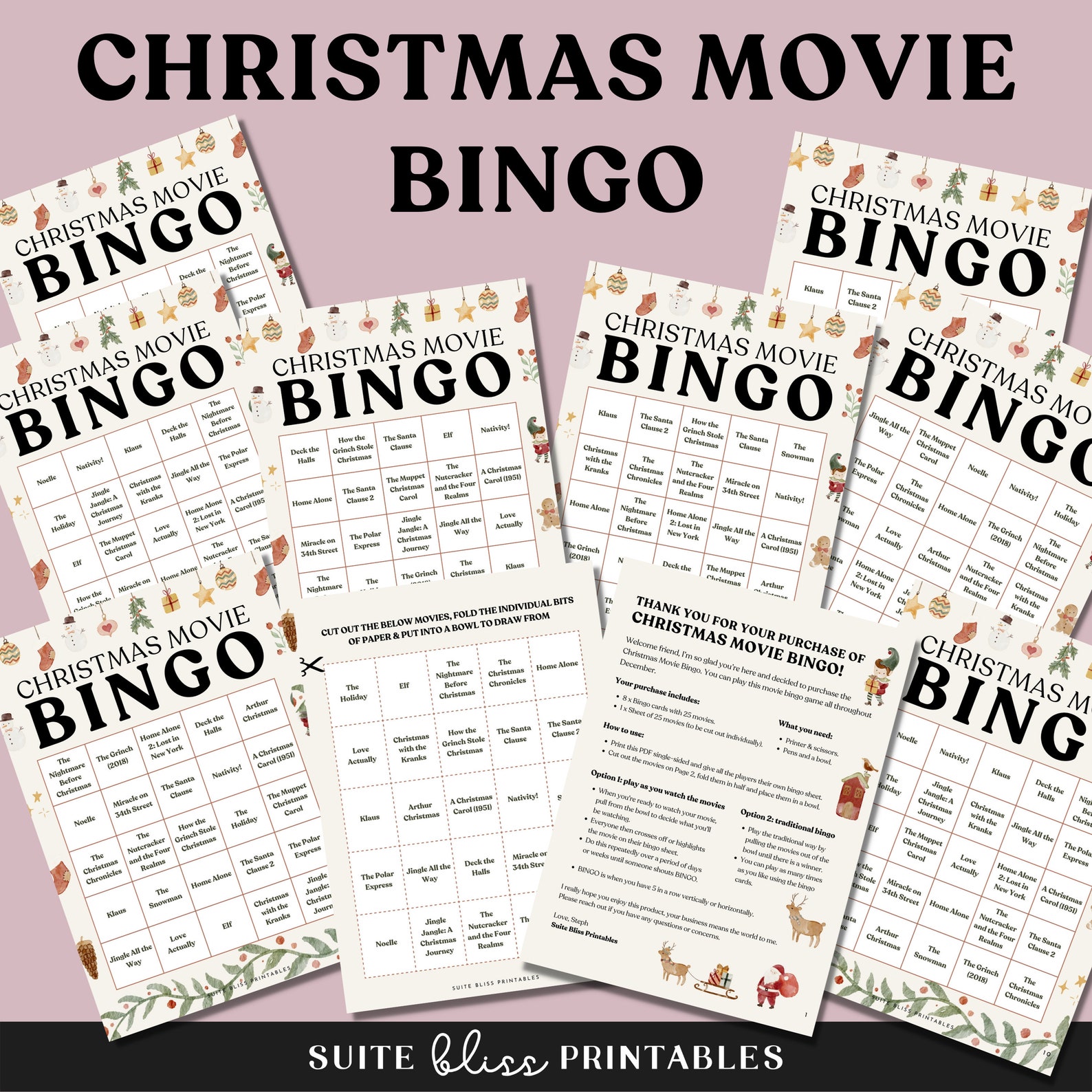 Printable Christmas Movie Bingo Game. Bingo Christmas Games for Family ...