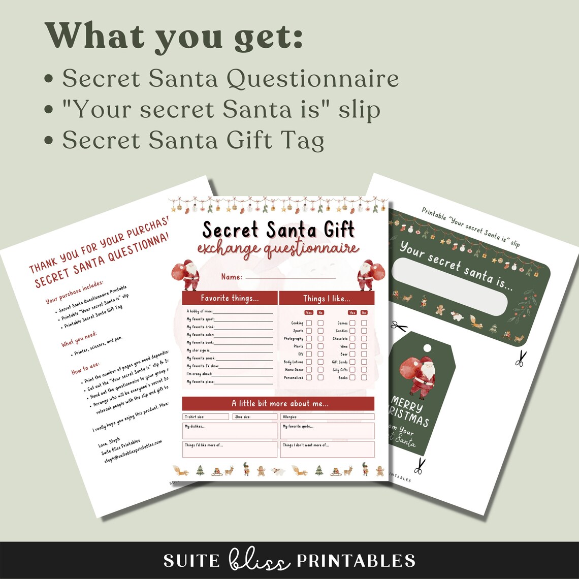 Secret Santa Questionnaire Printable. Christmas Gift Exchange - Etsy ...