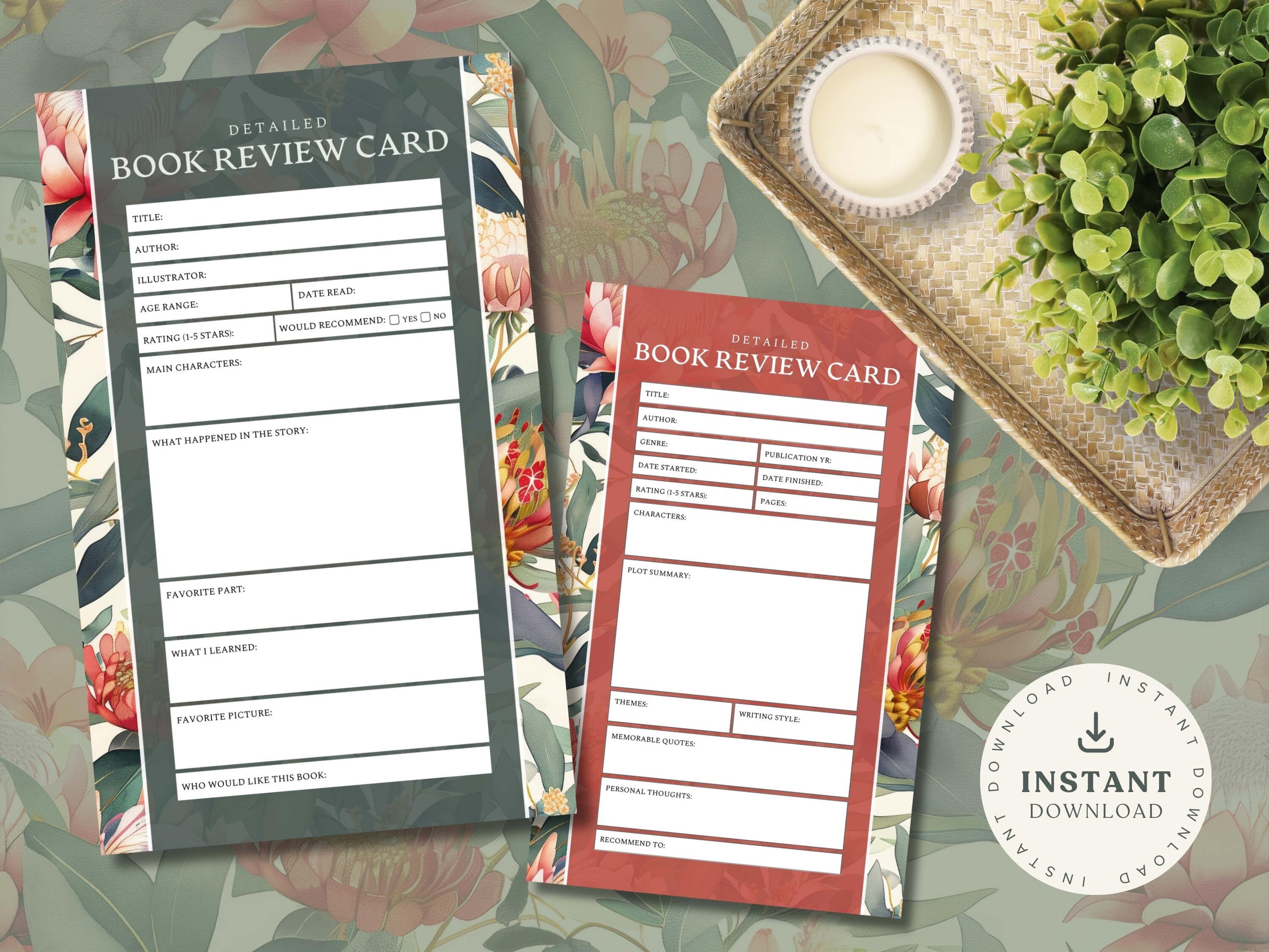Printable Book Review Cards | Book Club Discussion Guide | Book Review ...