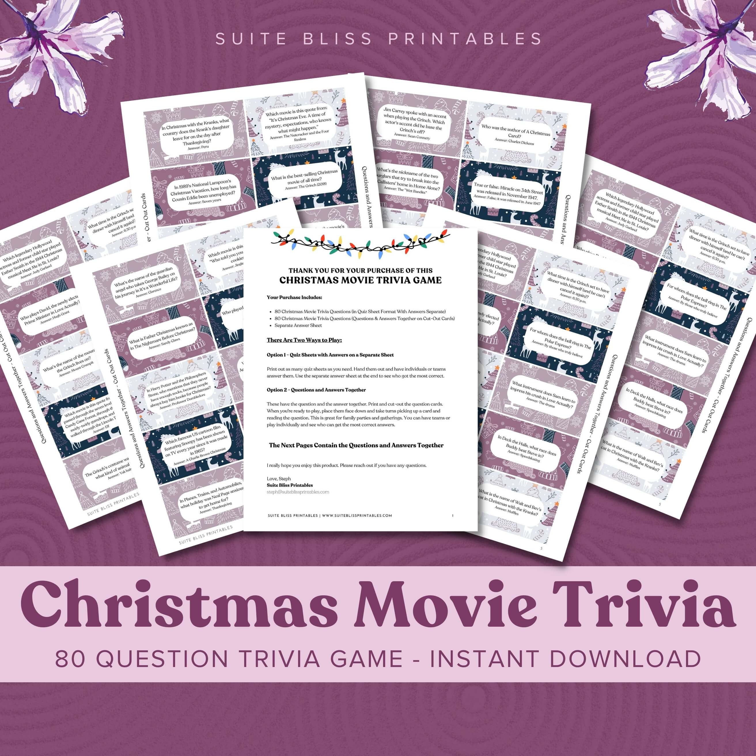 Printable Christmas Movie Trivia 80 Questions. Fun Christmas Games for ...