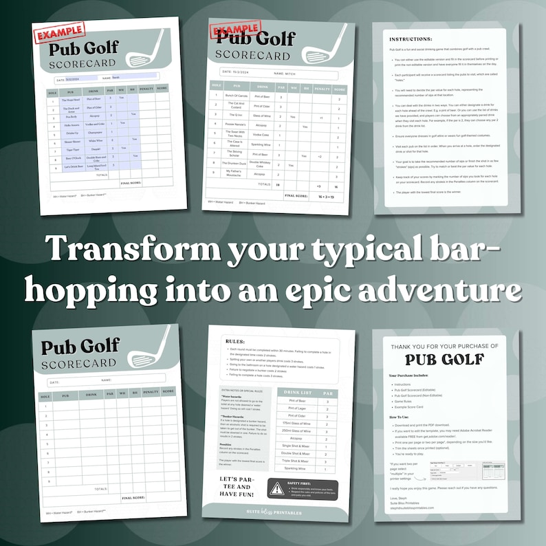 Pub Golf Scorecard Template: Editable Bar Crawl Drinking Game (digital ...