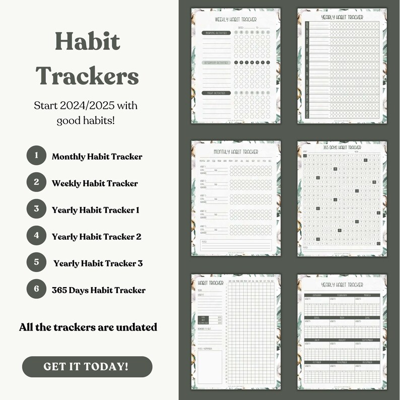 Undated Habit Tracker Printables: Yearly, Monthly, Weekly (digital ...