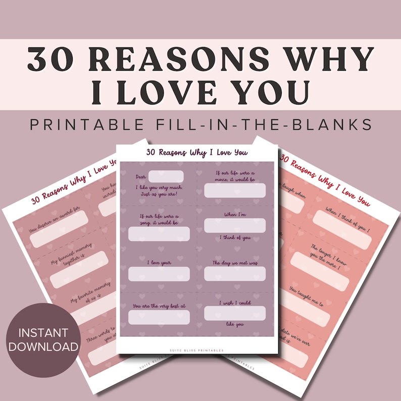 Printable I Love You Cut-out Cards. 30 Things I Love About You - Fill ...