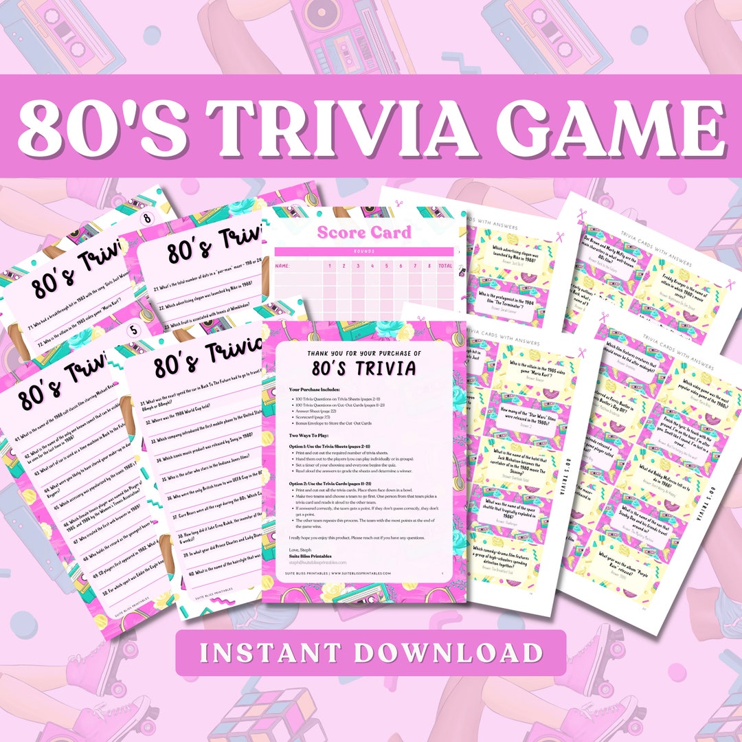 Printable 80s Trivia Game. 100 Trivia Questions for an 80s Trivia Night ...