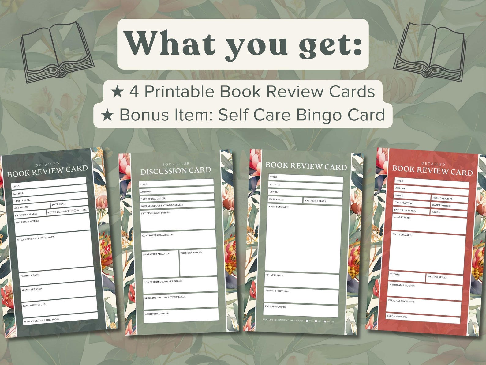Printable Book Review Cards | Book Club Discussion Guide | Book Review ...