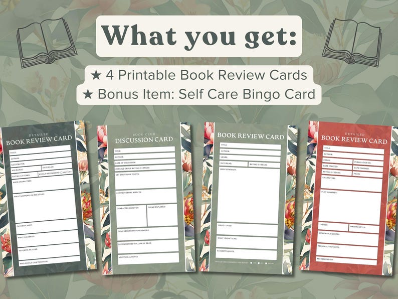 Printable Book Review Cards | Book Club Discussion Guide | Book Review ...