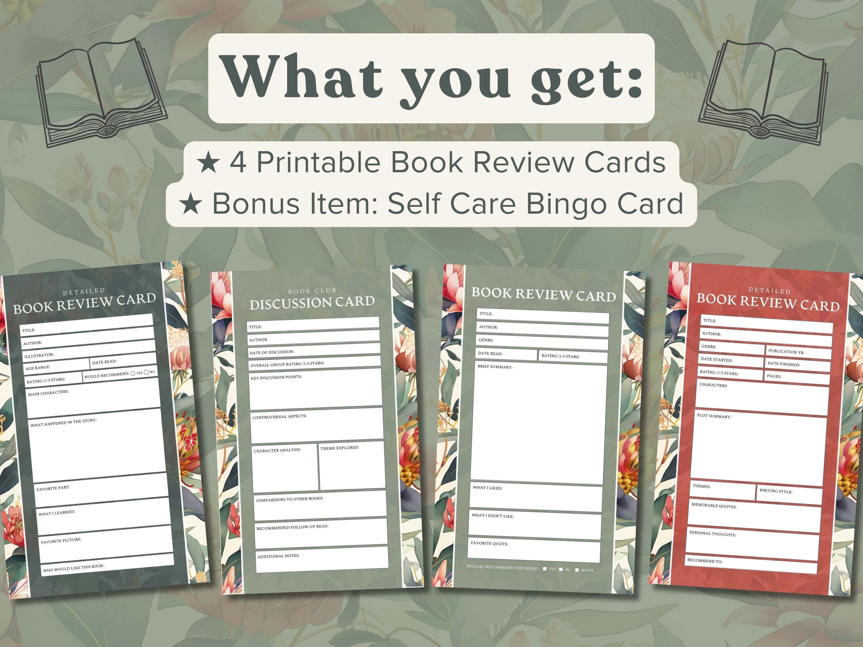 Printable Book Review Cards | Book Club Discussion Guide | Book Review ...