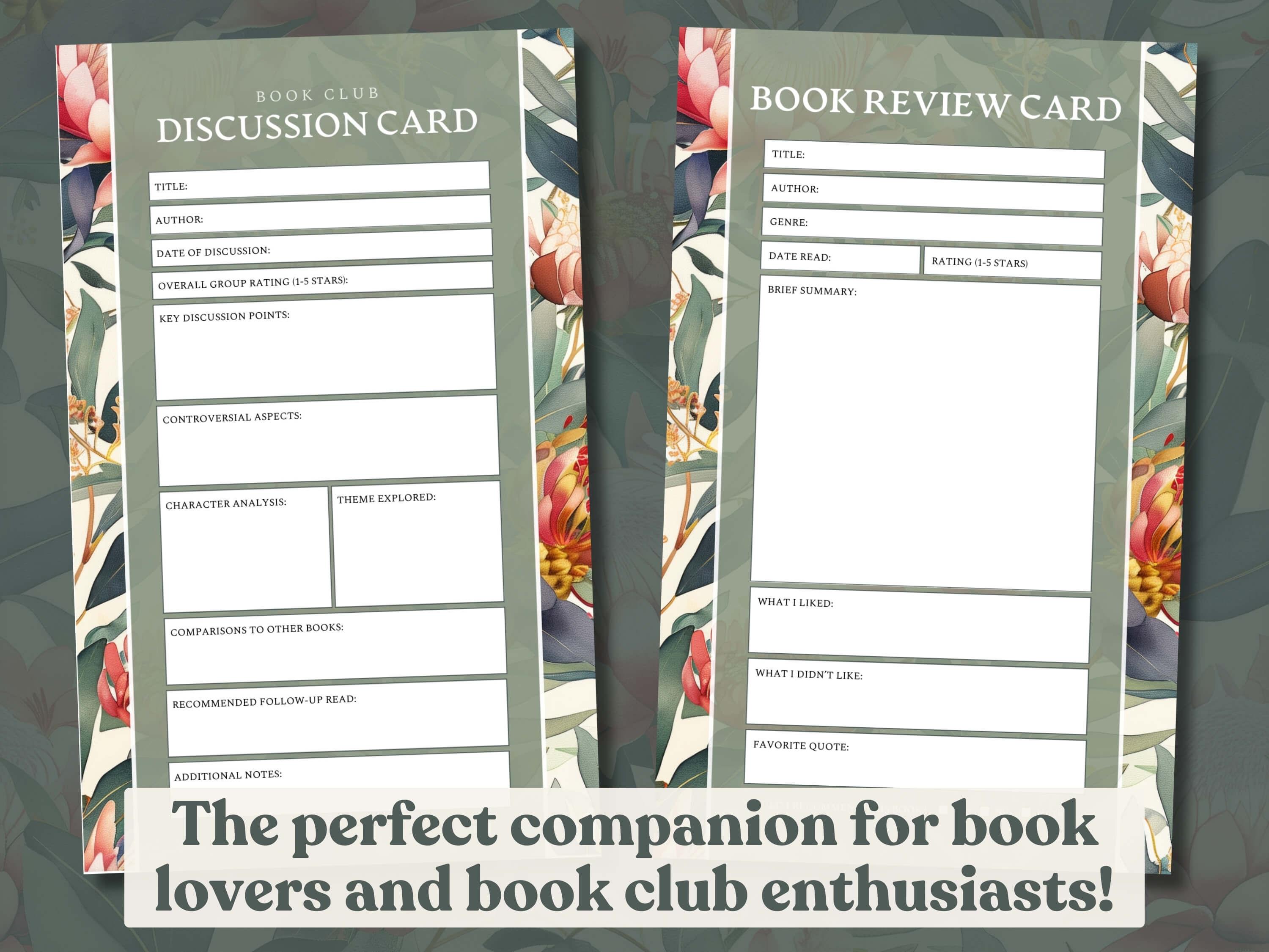 Printable Book Review Cards | Book Club Discussion Guide | Book Review ...