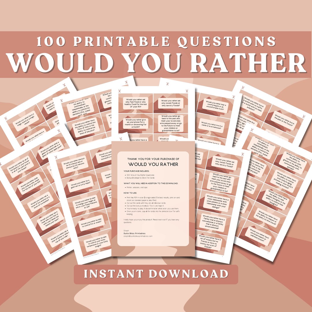 Printable Would You Rather Game. 100 Funny Would You Rather Questions ...