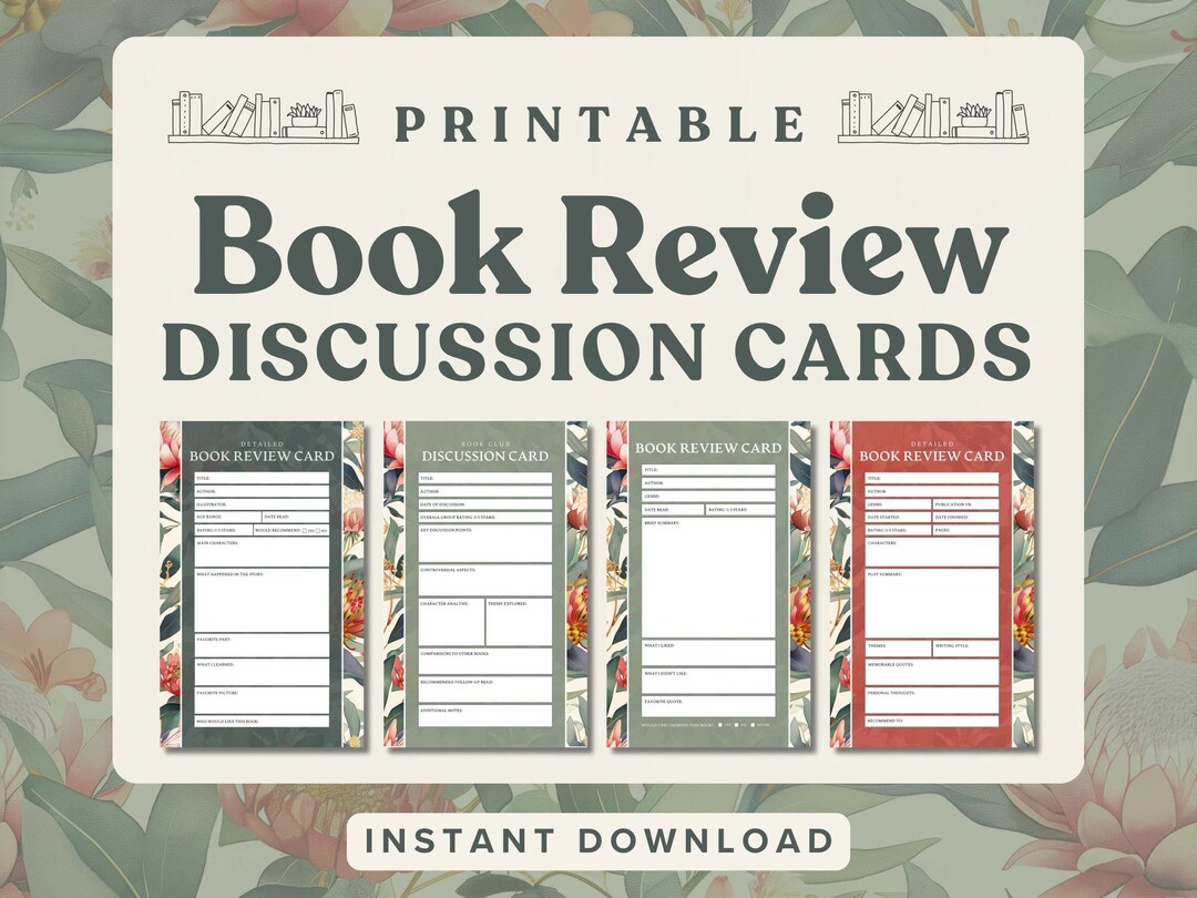 Printable Book Review Cards | Book Club Discussion Guide | Book Review ...