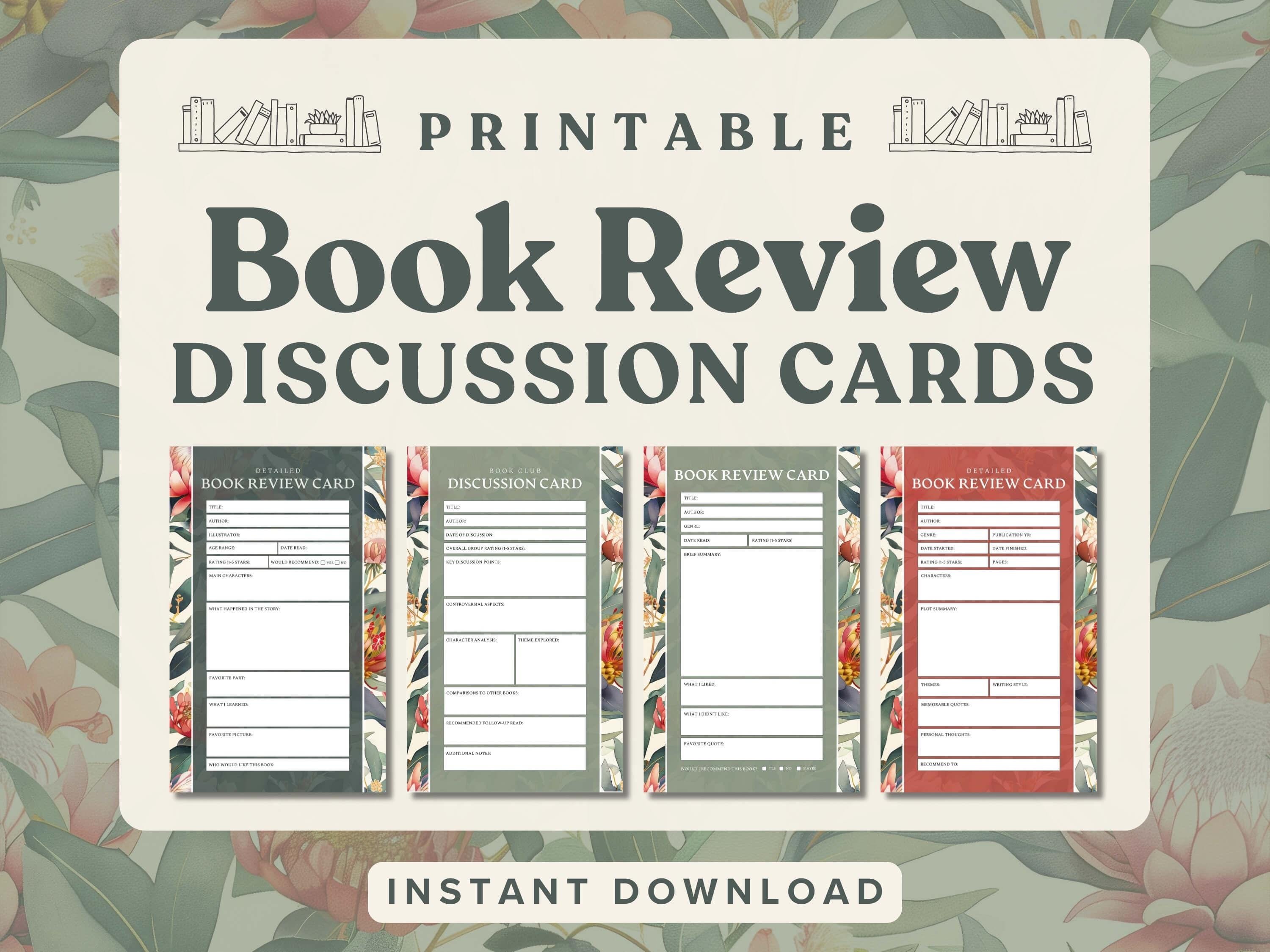 Printable Book Review Cards | Book Club Discussion Guide | Book Review ...