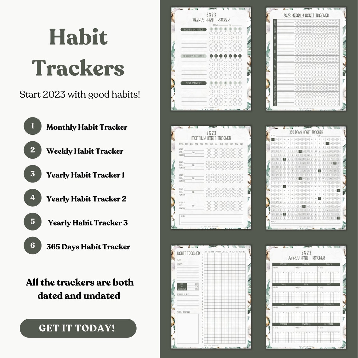 6 Habit Tracker Printables. Yearly Habit Tracker, Monthly Habit Tracker, and Daily Task Tracker ...