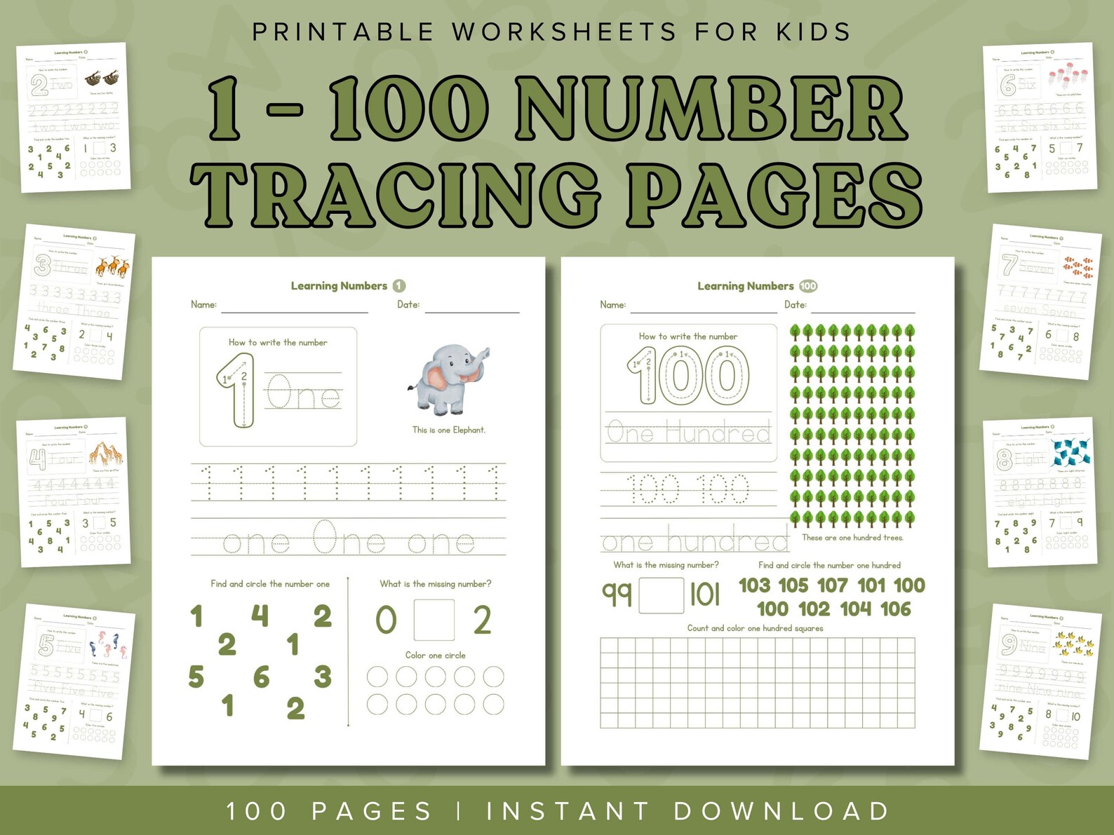 Number Tracing 1-100: Kindergarten Printable Worksheet (PDF) - Etsy