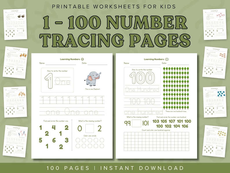 Number Tracing 1-100: Kindergarten Printable Worksheet (PDF) - Etsy