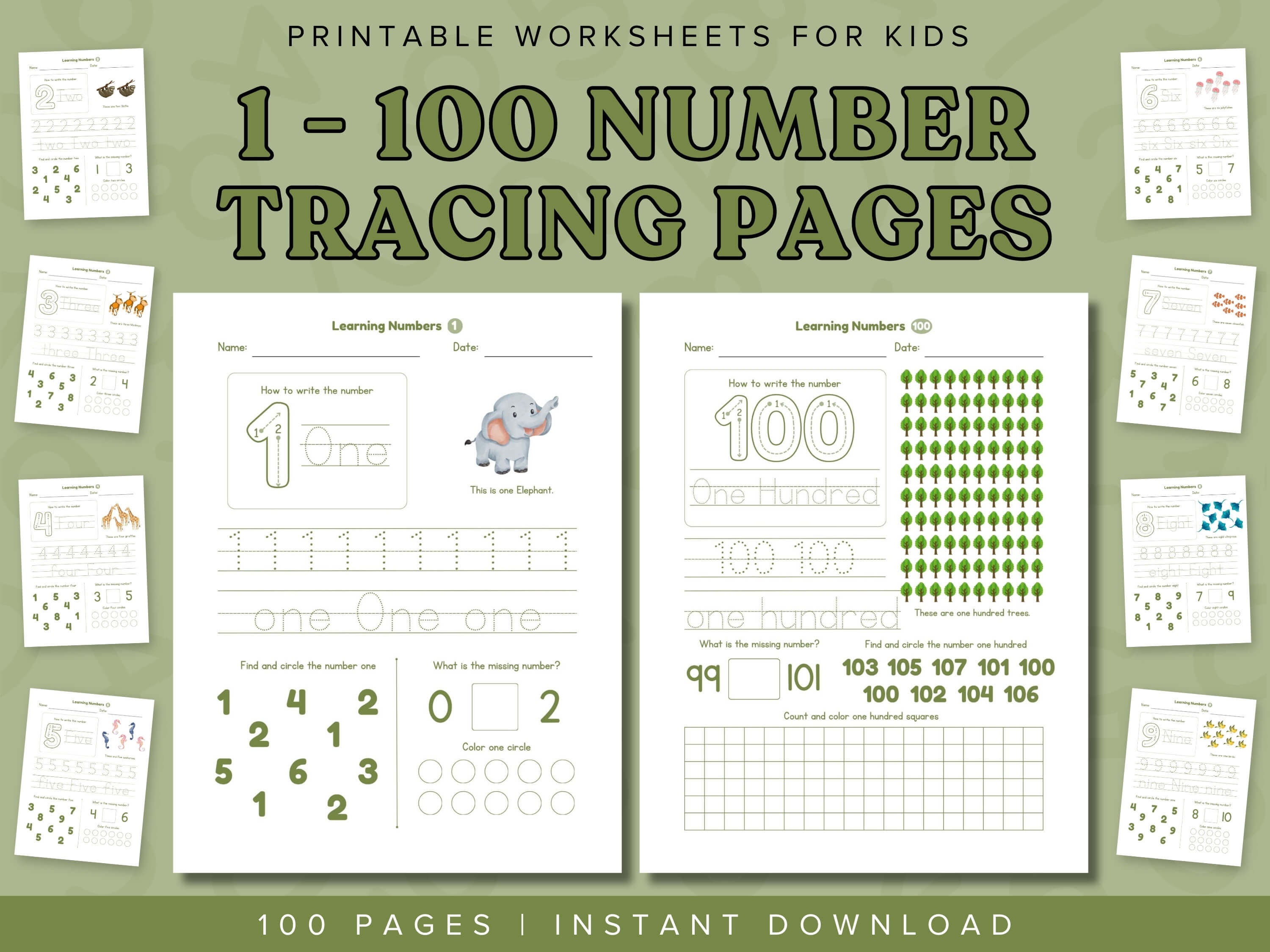 Number Tracing 1-100: Kindergarten Printable Worksheet (PDF) - Etsy