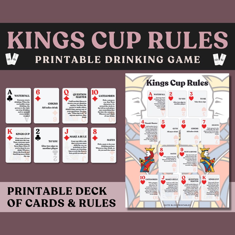 Kings Cup Rules & Playing Cards. Printable Drinking Games for Parties ...
