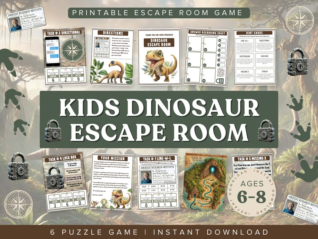 Printable Dinosaur Escape Room for Kids | Ages 6-8 | Family Game Night ...