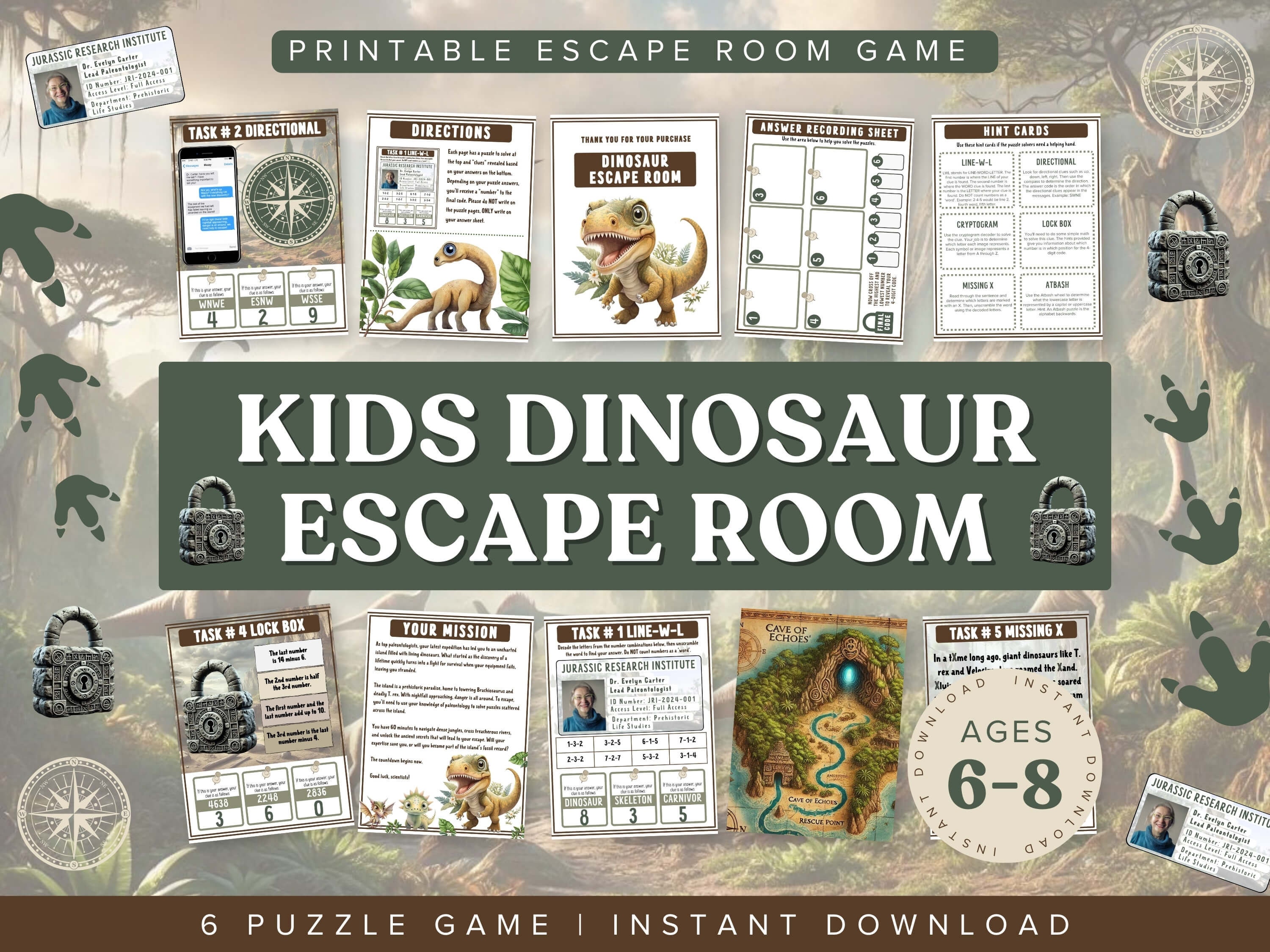 Printable Dinosaur Escape Room for Kids Ages 6-8 Family Game Night ...