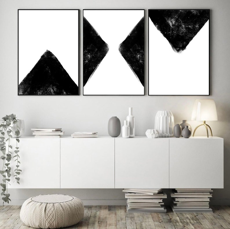 Triangle Geometric Print Wall Art Set of 3, Printable Digital B&W Art ...