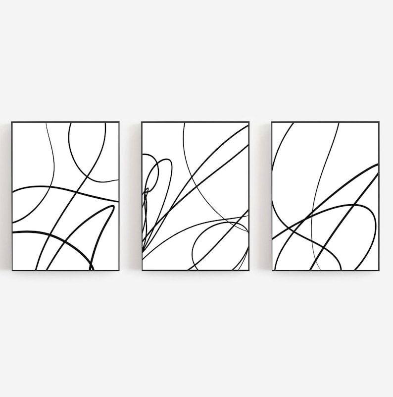 Instant Download Set of 3 Abstract B&W Line Art Prints, Minimalist ...