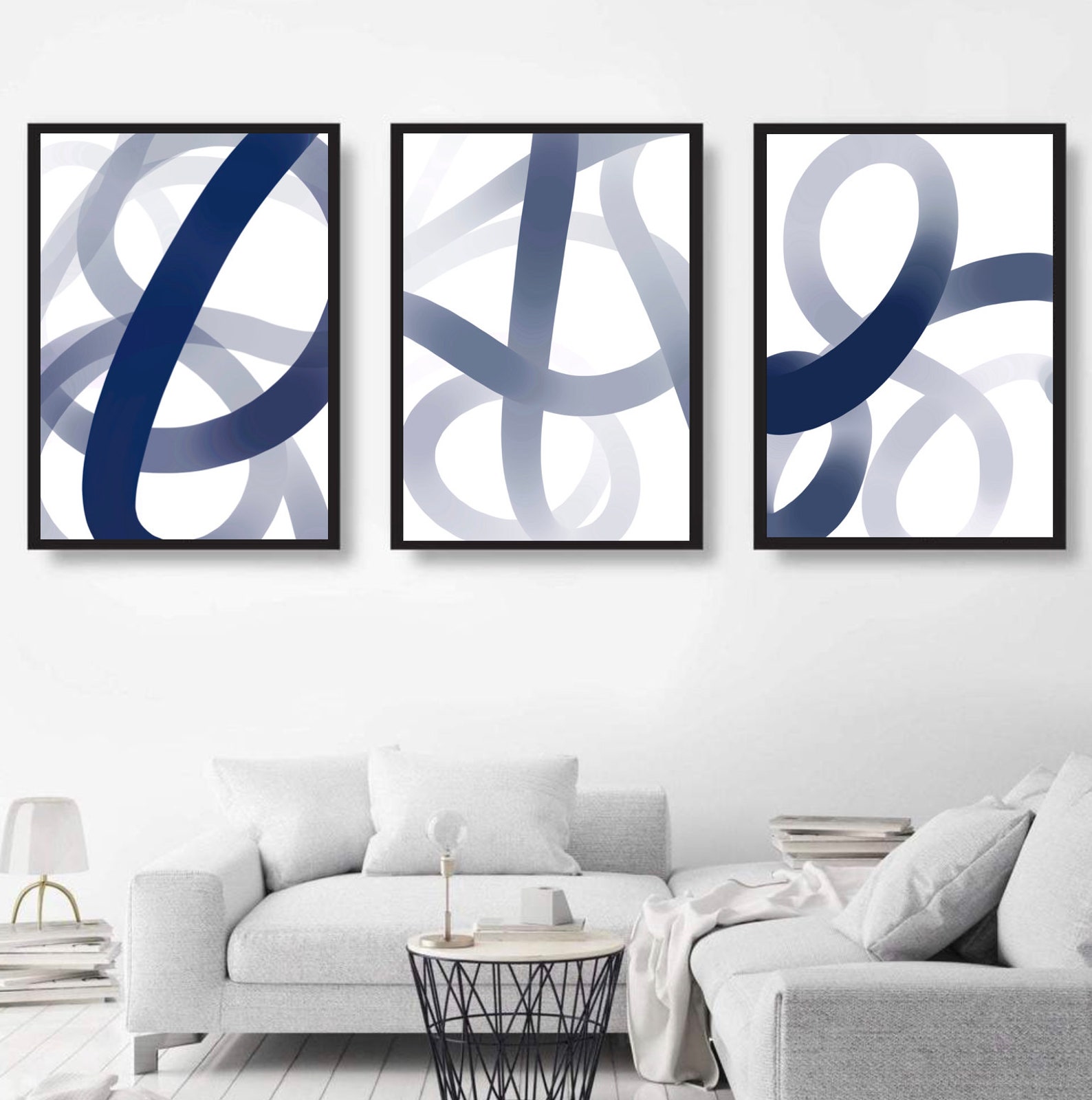 Navy Blue Line Artwork Set of 3, Printable Abstract Watercolour Blue ...