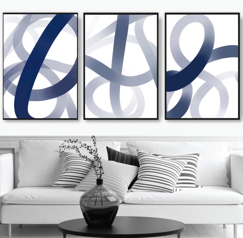 Navy Blue Line Artwork Set of 3, Printable Abstract Watercolour Blue ...