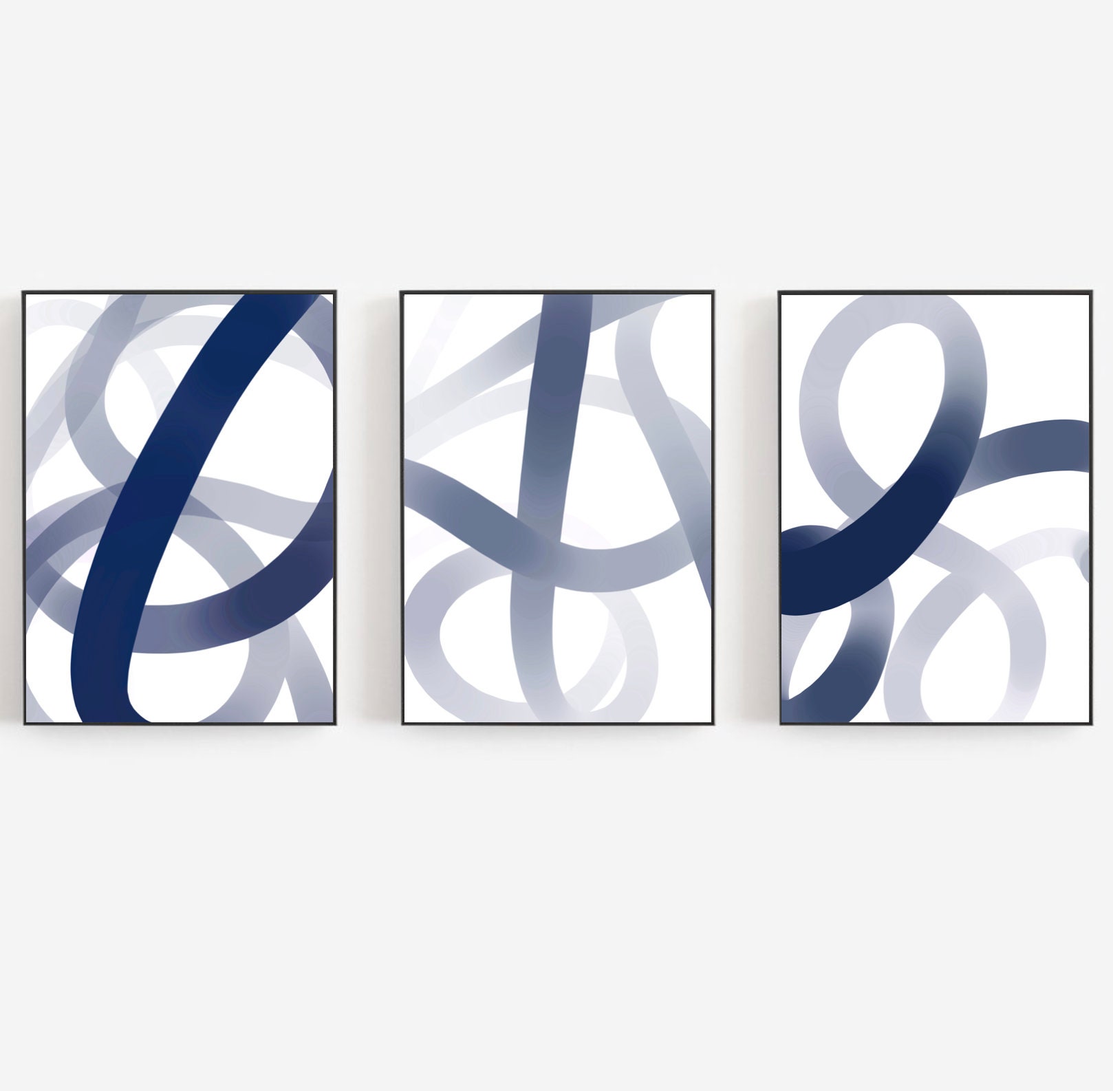 Navy Blue Line Artwork Set of 3, Printable Abstract Watercolour Blue ...
