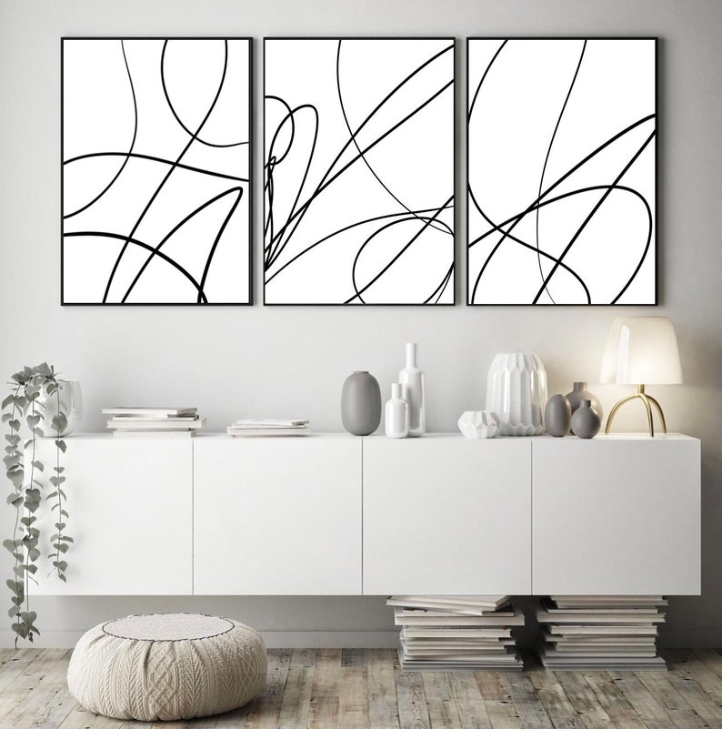 Instant Download Set of 3 Abstract B&W Line Art Prints Aesthetic Wall ...