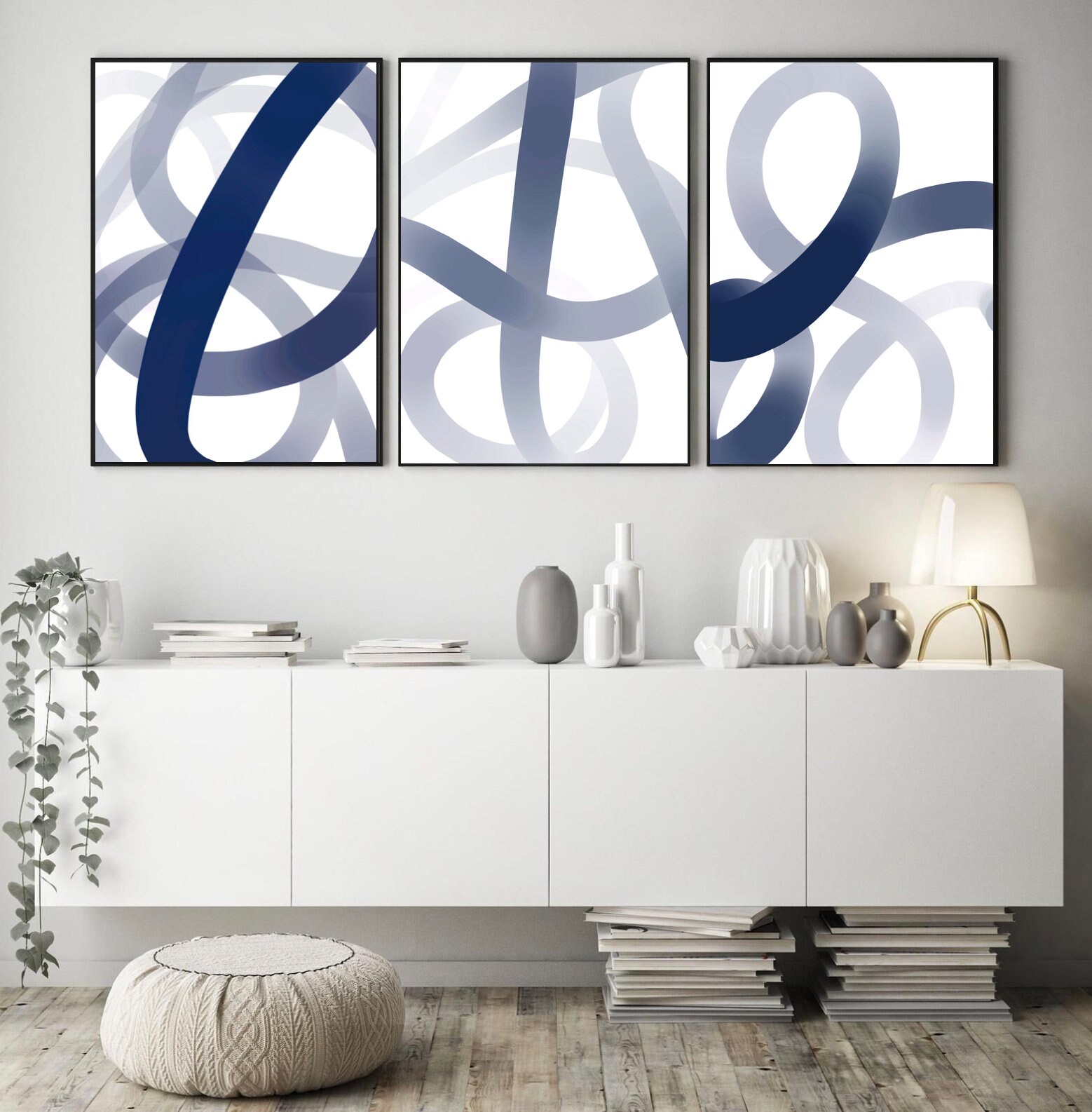 Navy Blue Line Artwork Set of 3, Printable Abstract Watercolour Blue ...
