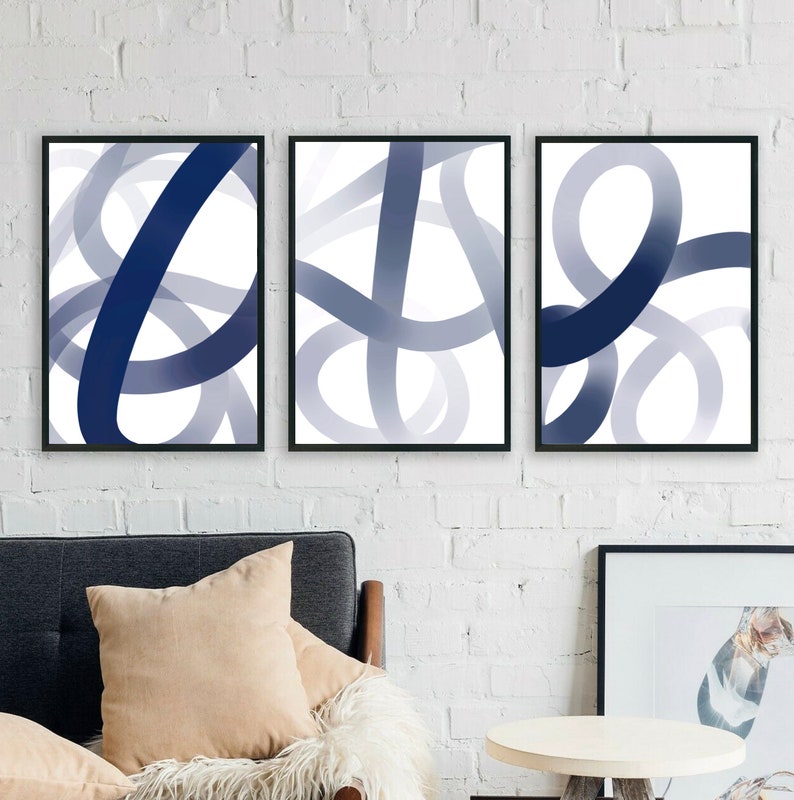 Navy Blue Line Artwork Set of 3, Printable Abstract Watercolour Blue ...