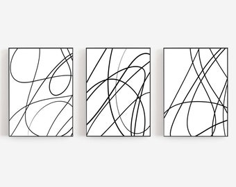 Instant Download Set of 3 Abstract B&W Line Art Prints Aesthetic Wall ...